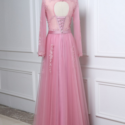Rose Pink Real Sample Prom Evening Dresses With Long Sleeves Lace ...