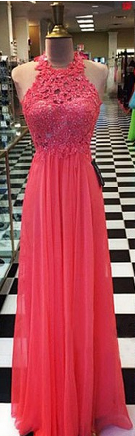 Custom Halter Watermelon Pink Prom Dress, Long Prom Dresses, Backless ...