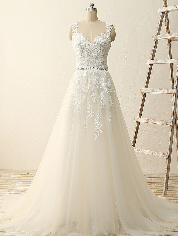 Sleeveless Lace Appliqué Sweep Train Wedding Dress With Plunging ...