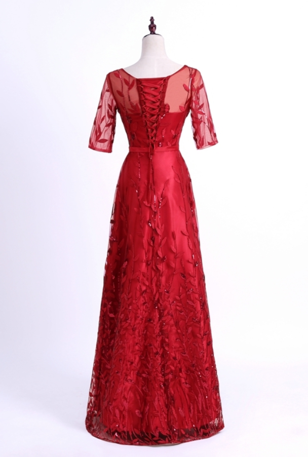 Evening Dress Wine Red Half Sleeve Fashion Leaves Pattern Party Robe De ...