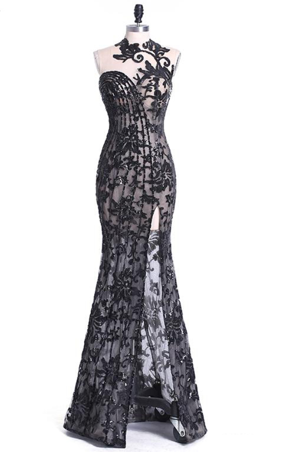 Robe De Soiree Sexy Black Beads Sequined Lace Evneing Dress Side Split ...