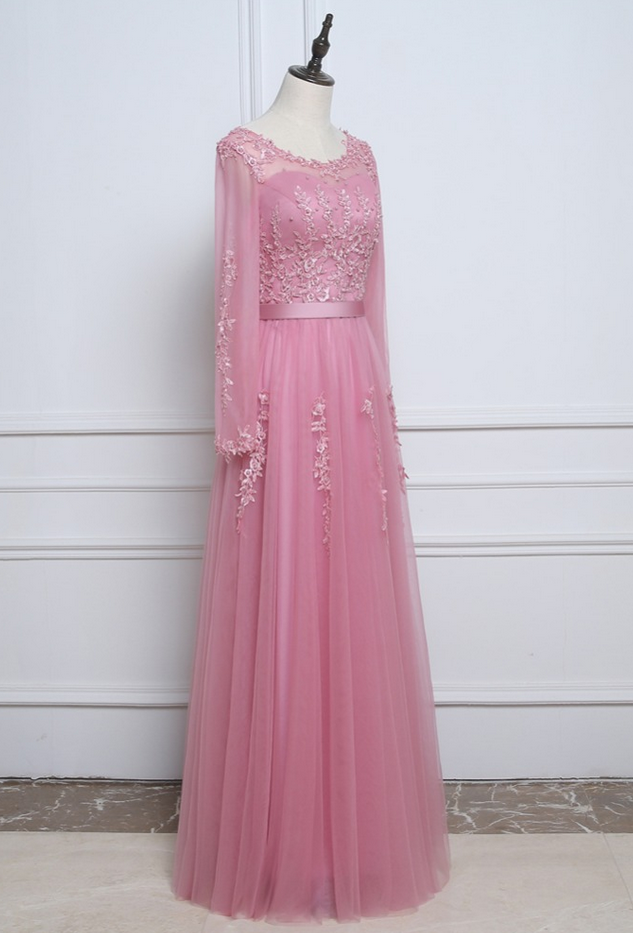 Rose Pink Real Sample Prom Evening Dresses With Long Sleeves Lace ...