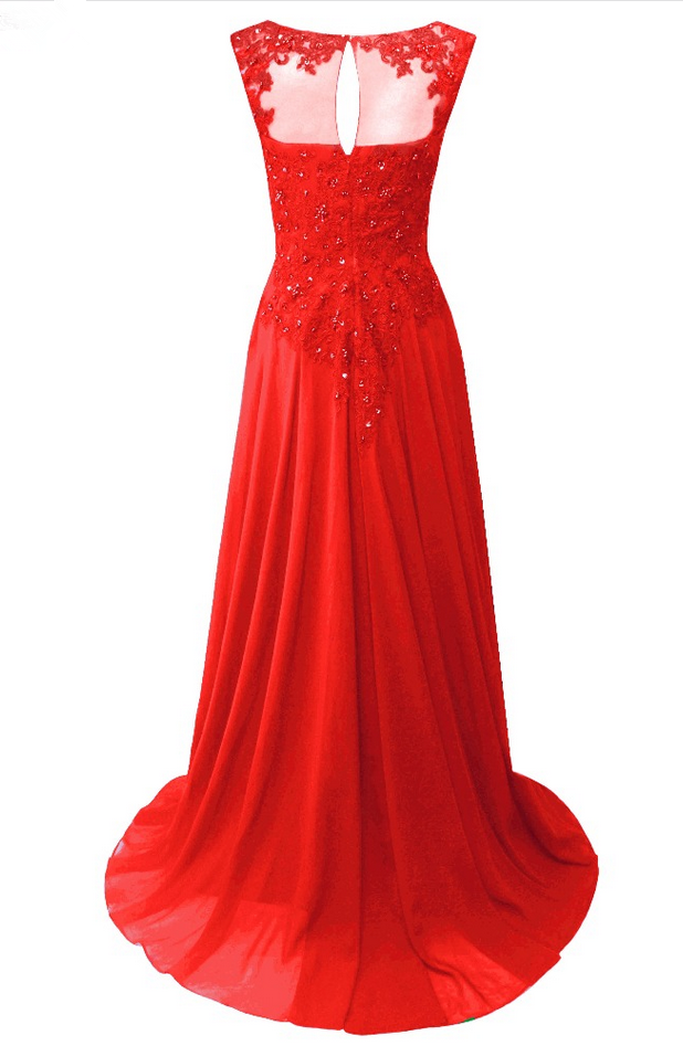 Luxury Red Chiffon Appliques Bead Long A-line Evening Dresses Cap ...