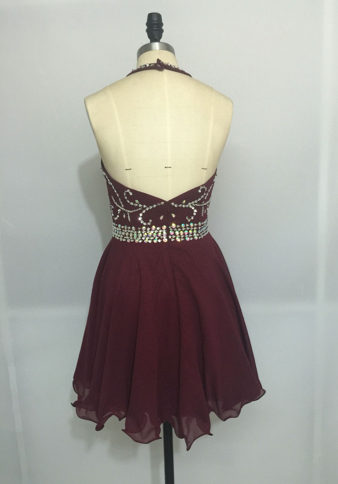 Lovely Maroon Halter Short Homecoming Dresses, Short Party Dresses ...