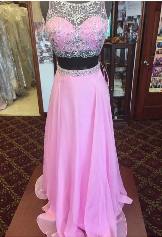 Beaded Chiffon Prom Dress A Line Evening Dresses Two Pieces Prom