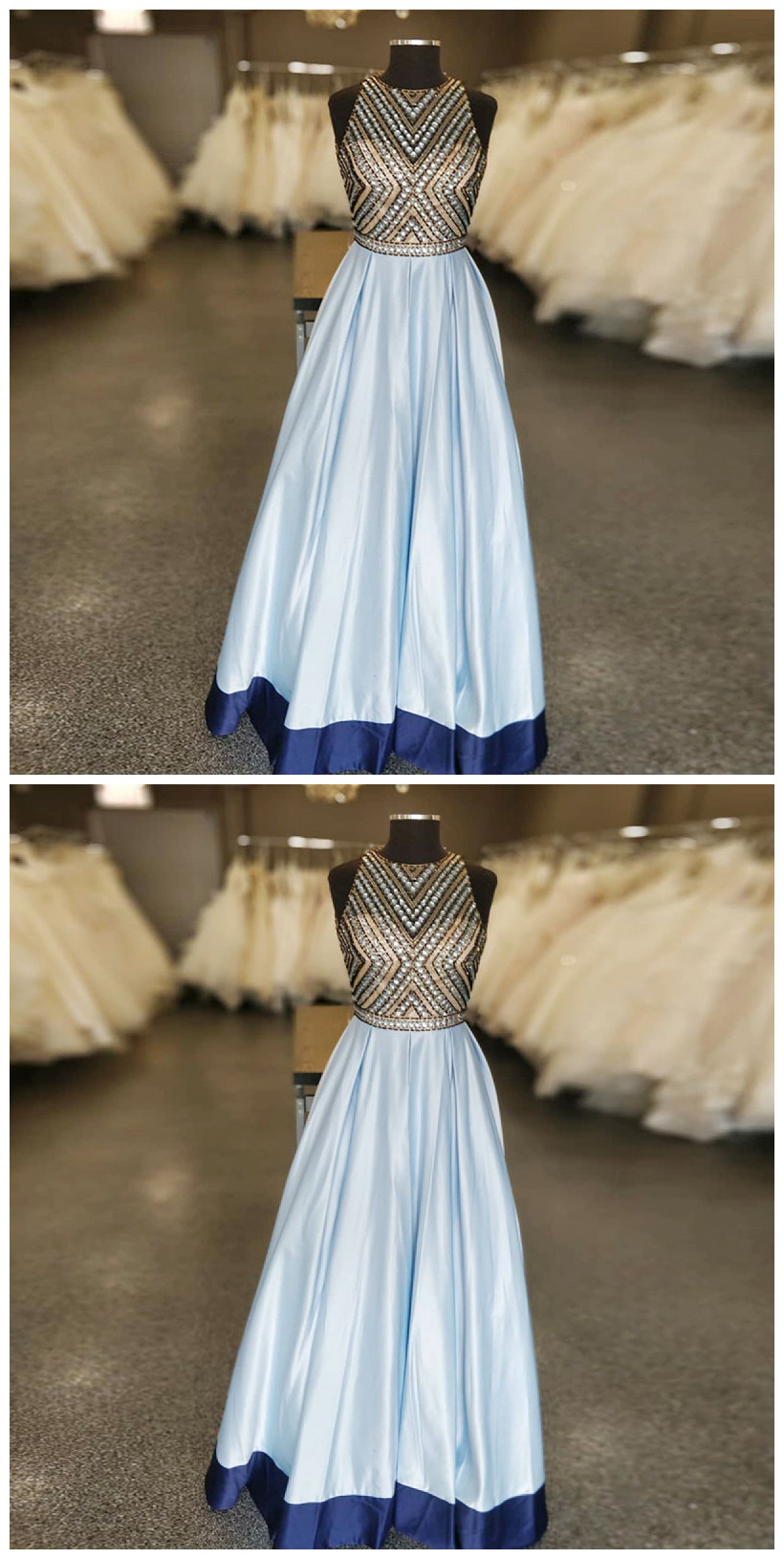 A-line Round Neck Floor-length Light Blue Beaded Prom Dress on Luulla