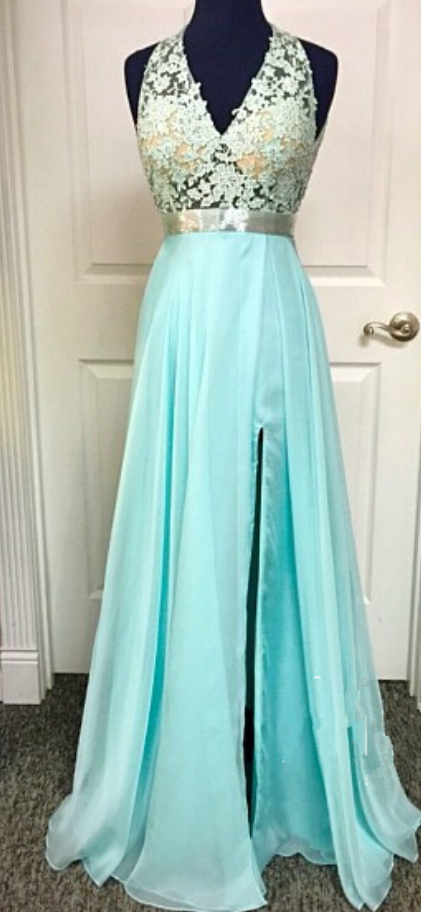 A Line Halter V Neck Prom Dress,open Back Silk Chiffon Prom Dresses ...