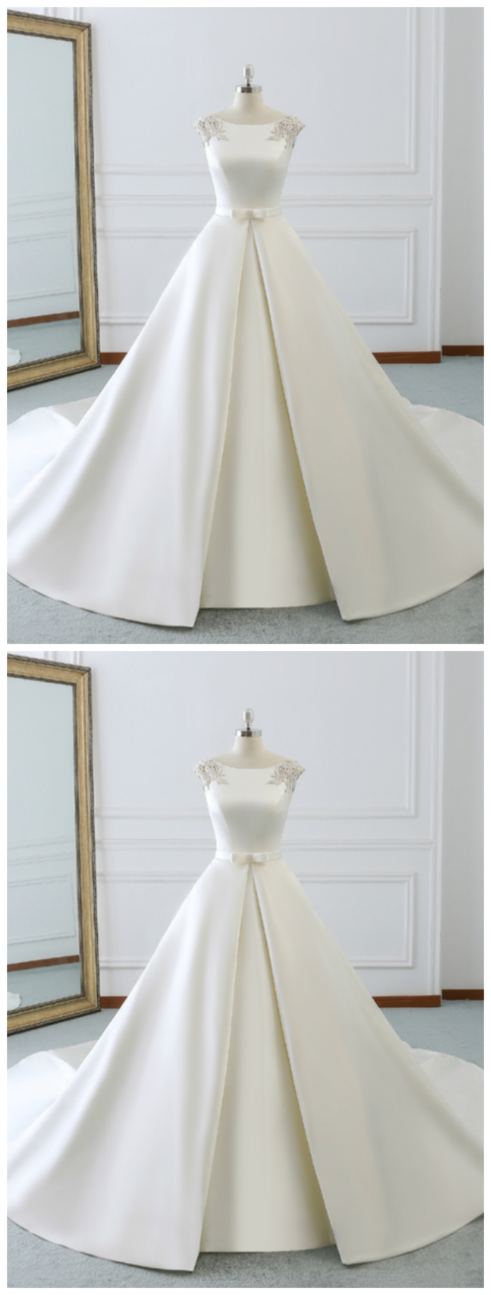 Satin Cap Sleeve Backless Wedding Dress With Pearls On Luulla