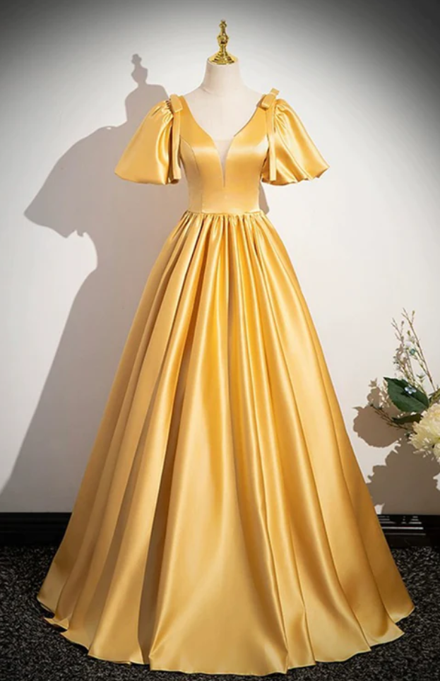 V-neck Satin Long Prom Dress, A-line Short Sleeve Evening Dress on Luulla