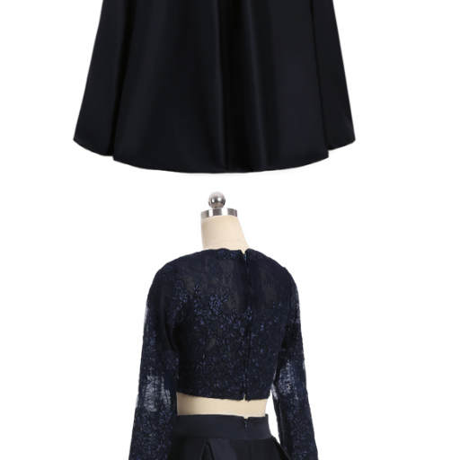 Prom Dresses A Line High Collar Long Sleeves Lace Two Pieces Sexy Long