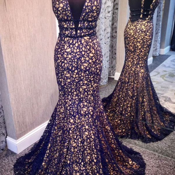 Mermaid Deep V Neck Backless Dark Blue Lace Prom Dress With Beading On