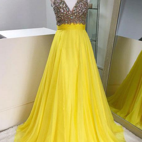 Yellow V Neck Chiffon Beaded Long Prom Dress, Yellow Evening Dress on ...