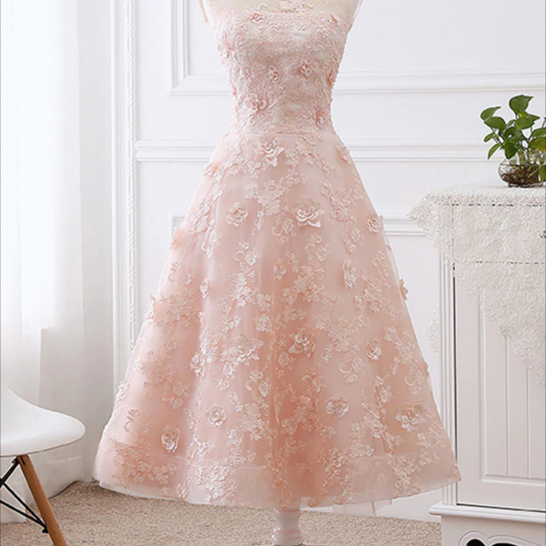 In Stock Elegant Tulle Scoop Neckline A-line Tea-length Prom Dresses ...