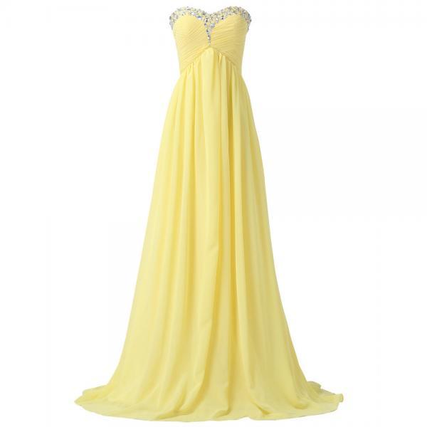 Beaded Trimmed Yellow Ruched Chiffon Sweetheart Floor Length A-line ...