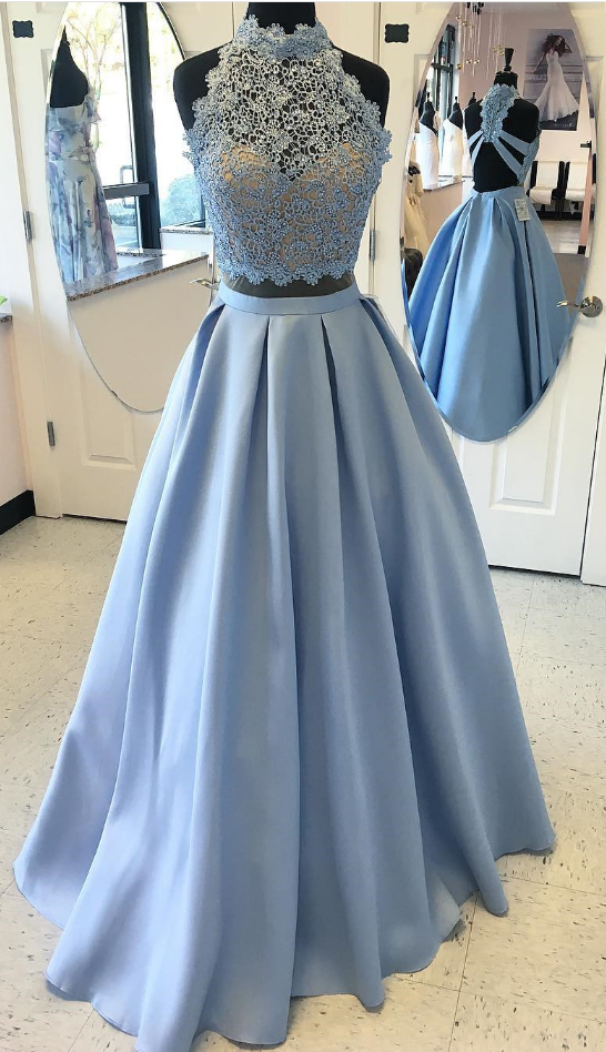 Lace Top Prom Dresses, 2 Piece Prom Dress , Satin Prom Dresses , High ...