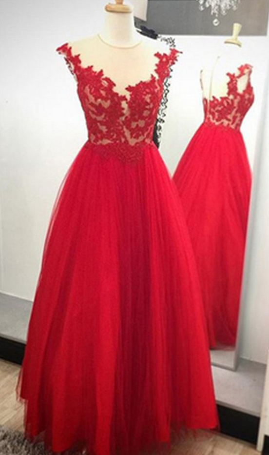 Red Tulle See-through Round Neck Lace Applique Long Dress, A-line ...