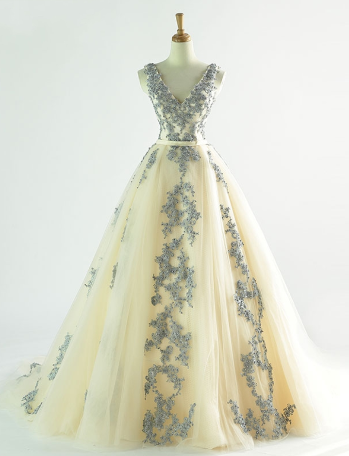 Long Lace Prom Dresses Women Tulle Beaded Formal Evening Dresses For ...