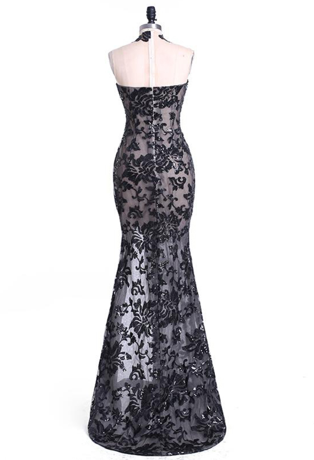 Robe De Soiree Sexy Black Beads Sequined Lace Evneing Dress Side Split ...