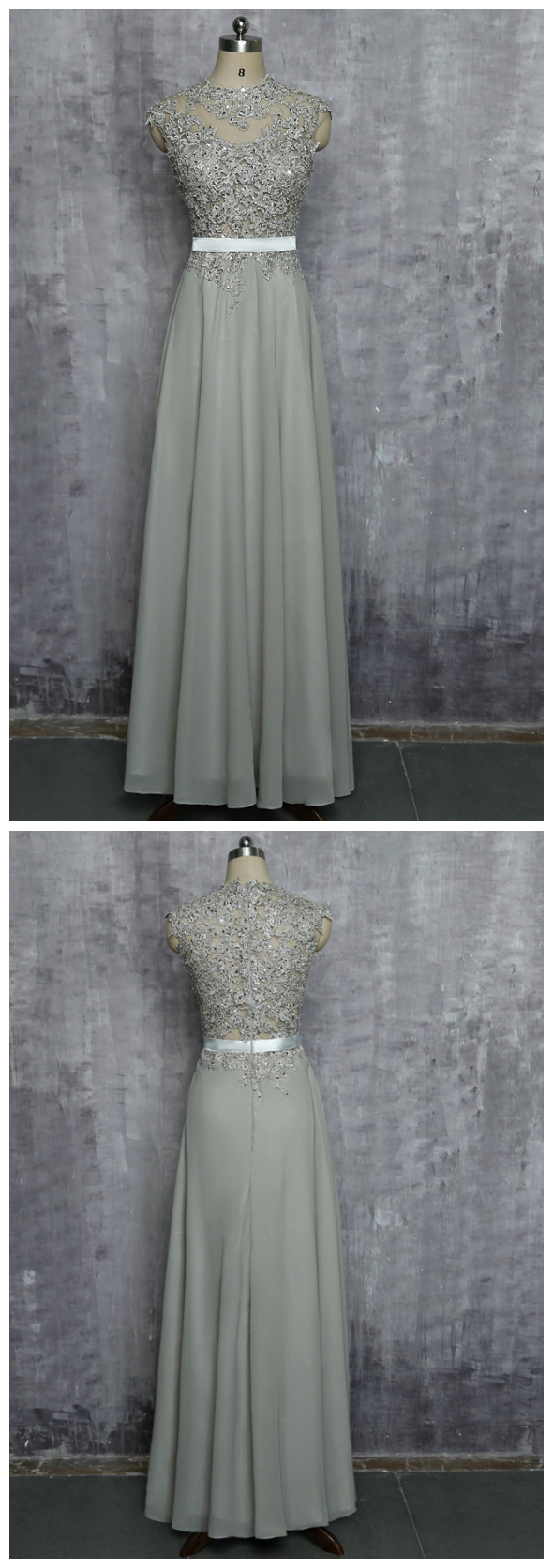 Prom Dresses, A-line High Collar Cap Sleeves Chiffon Lace Beaded Women ...