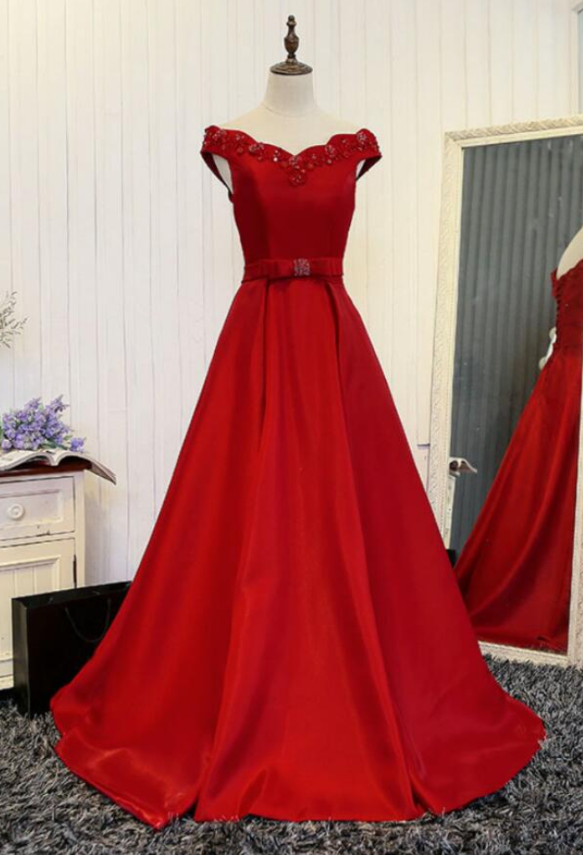 Satin Red Long Prom Dress With Beadings, Red Lace-up Junior Prom ...