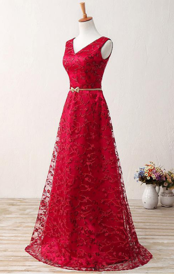 Stylish V Neck Red Lace Long Prom Dress With Gold Sash on Luulla