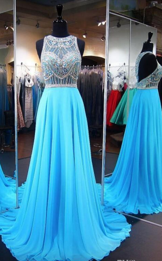 Light Blue Formal Dresses Sheer Neck Long Chiffon Evening Prom Gowns ...