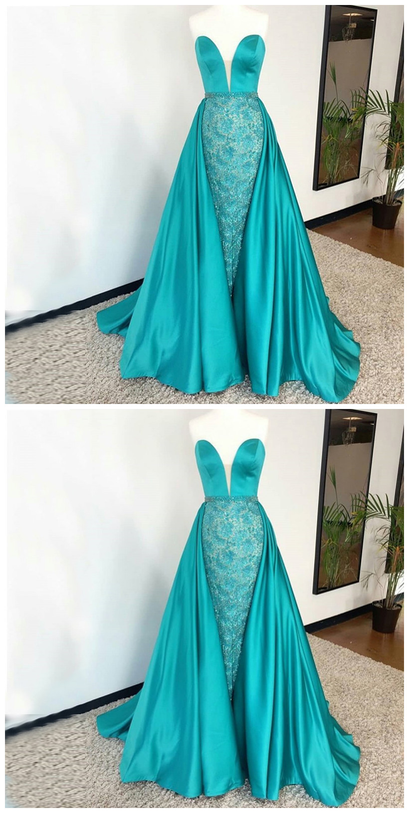 Sweetheart Sheath Floor-length Beaded Turquoise Prom Dress With Tail on ...