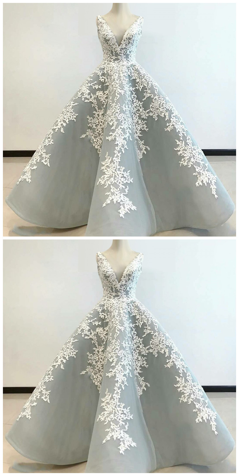 Deep V-neck A-line Long Grey Prom Dress With White Appliques on Luulla