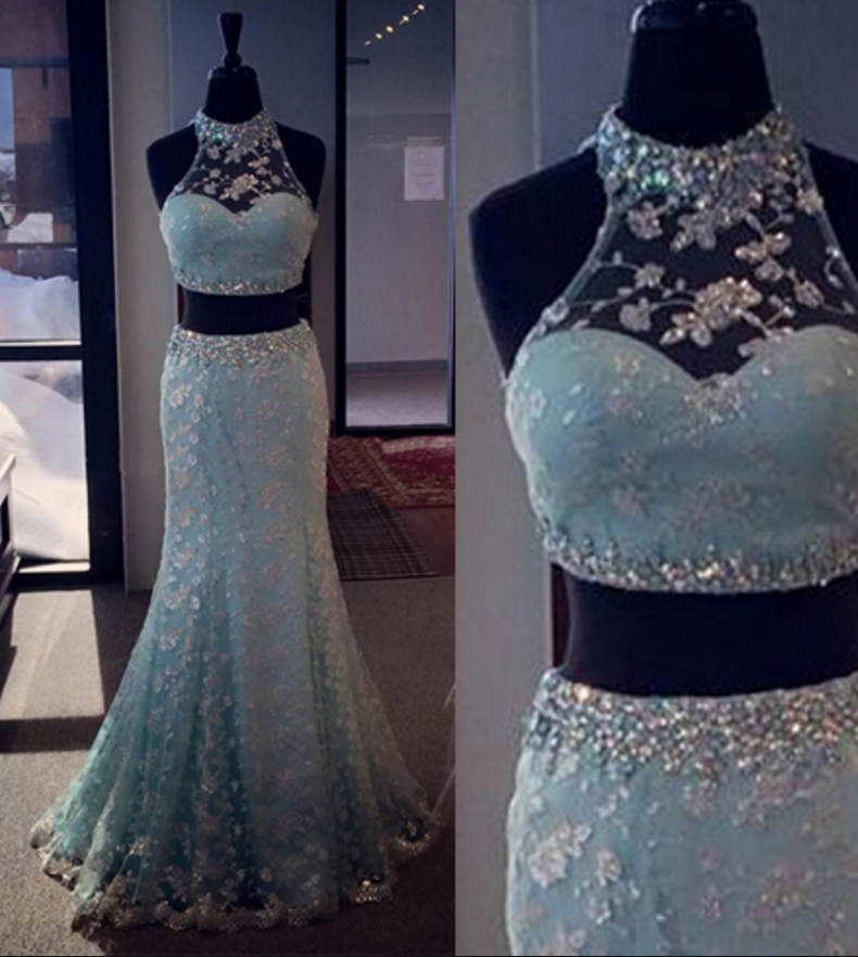 Blue Prom Dress, Beautiful Prom Dress, Two Piece Prom Dress, Lace Prom ...