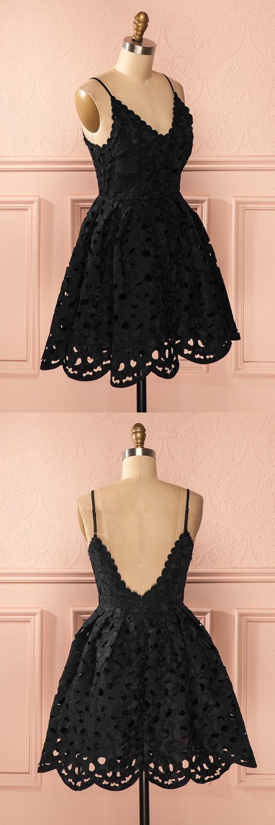A-line Spaghetti Straps Backless Short Black Lace Homecoming Dress on ...