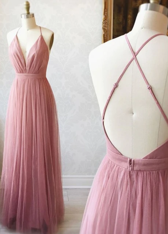 A Line V Neck Pink Backless Prom Dresses, V Neck Pink Backless Formal ...