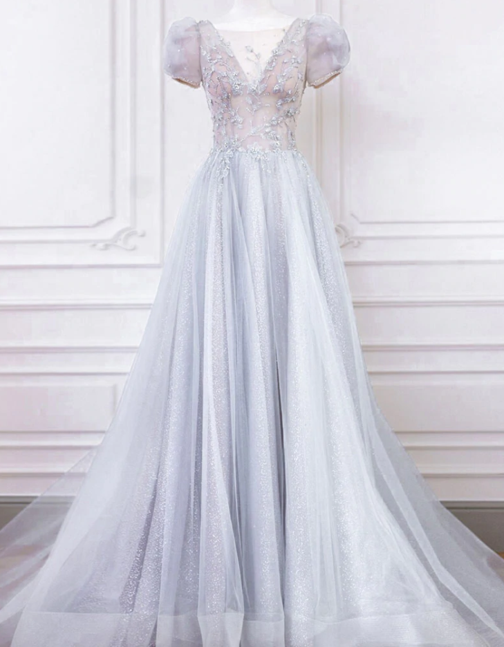 Prom Dresses, Round Neck Tulle Lace Long Prom Dress, Tulle Evening ...