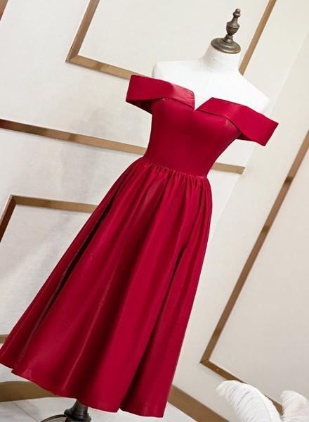 Beautiful Wine Red Tea Length Satin Bridesmaid Dress, Cute Short Prom ...
