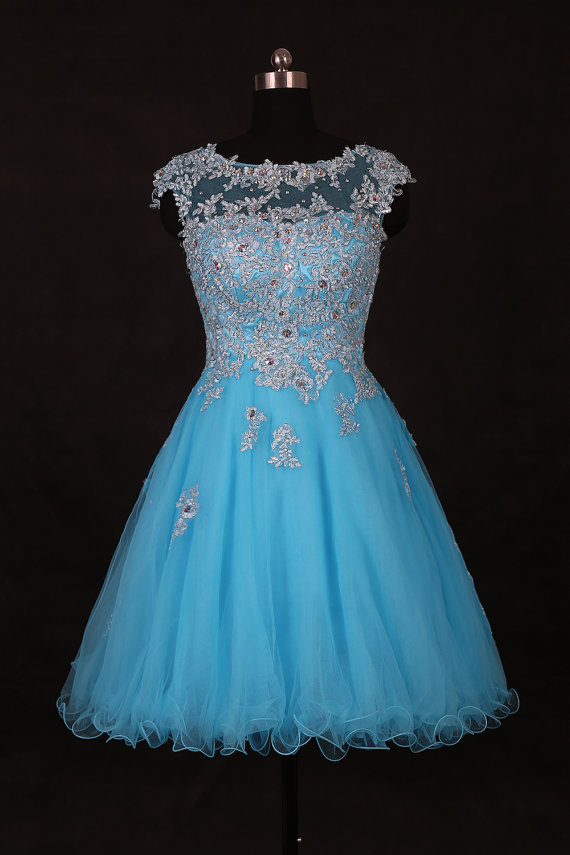 Lace Applique Blue Short Prom Dress, Blue Graduation Dress,short Prom ...