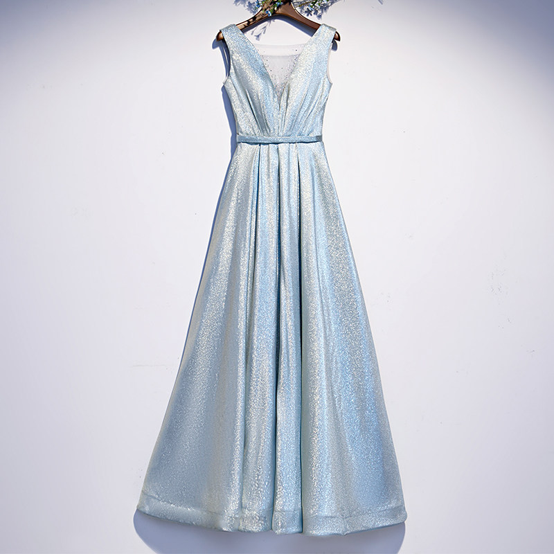 Sky Blue Evening Dress Fashion Beads V Neck Pleat Floor Length Simple