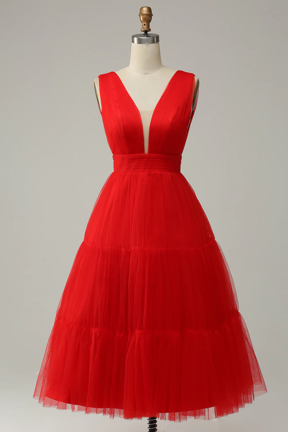 Red A Line Deep V Neck Midi Prom Dress With Open Back on Luulla