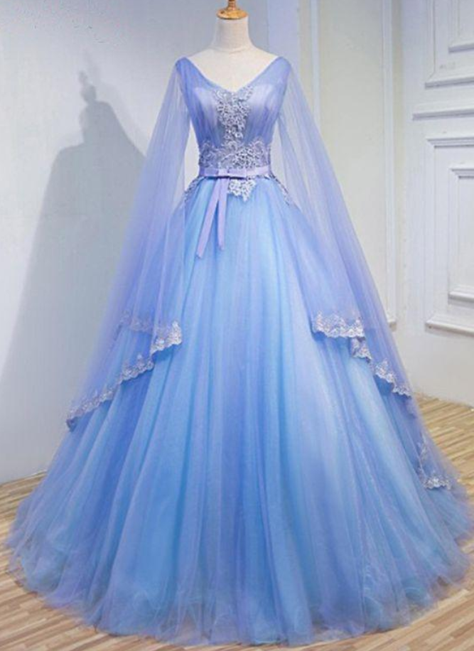 Prom Dresses, Beautiful Blue V-neckline Prom Dress With Long Sleeves on ...