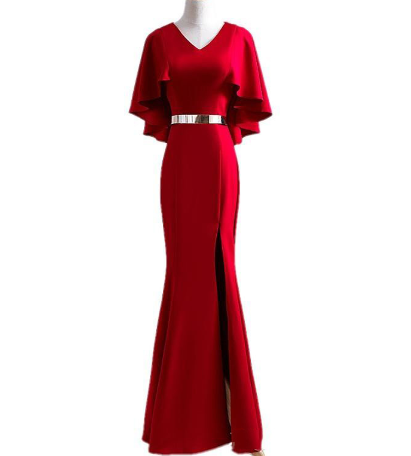 Prom Dresses, Half-sleeve V-neck Fishtail Red Evening Dress on Luulla