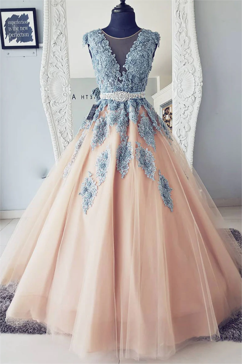 Champagne Round Neck Tulle Lace Long Prom Dress, Tulle Evening Dress on ...